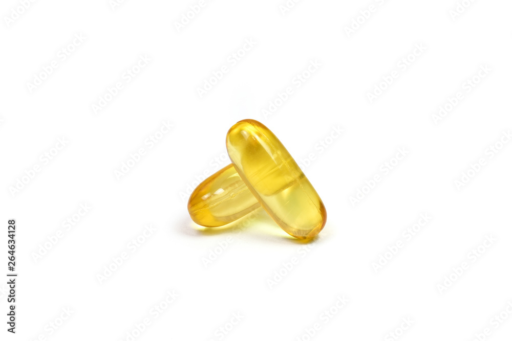 Close up to Supplementary food of gold fish oil capsules isolated on ...