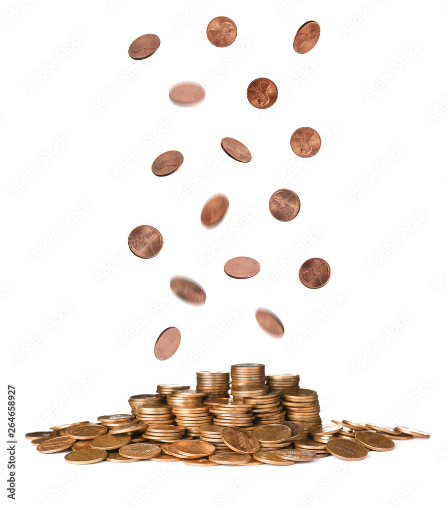 Pile and stacks of US coins isolated on white Stock Photo | Adobe Stock