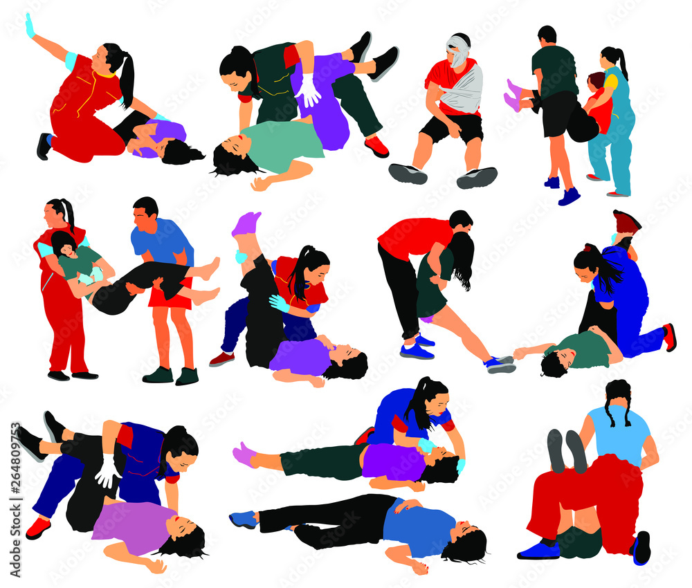 Paramedic rescue patient first aid vector illustration. Woman in ...
