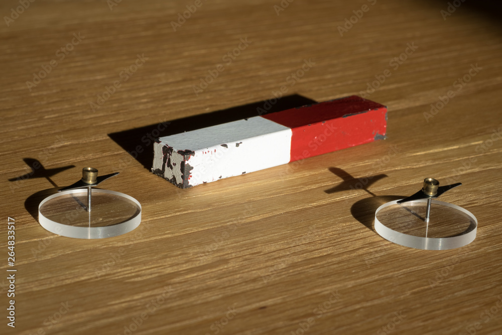 Permanent magnet on a wooden table with two compass needles, showing ...