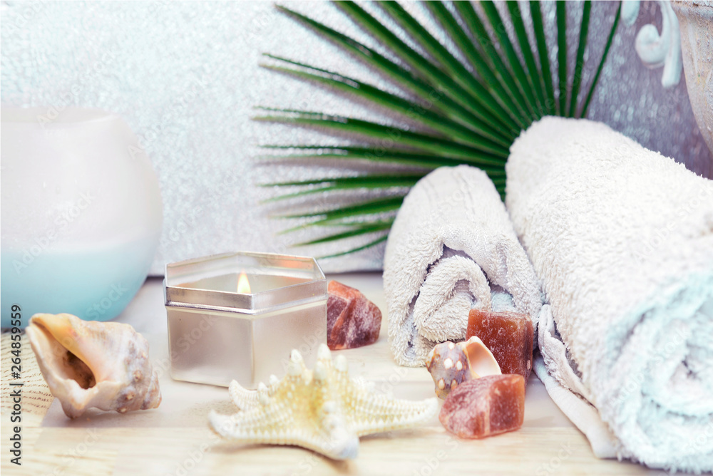 Spa room with Accessories for a fragrant bath in a jacuzzi in a Stock ...