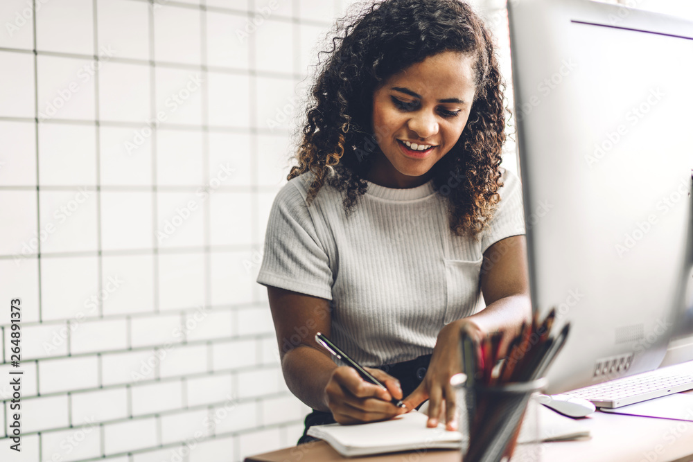 African american black woman working with laptop computer.creative ...