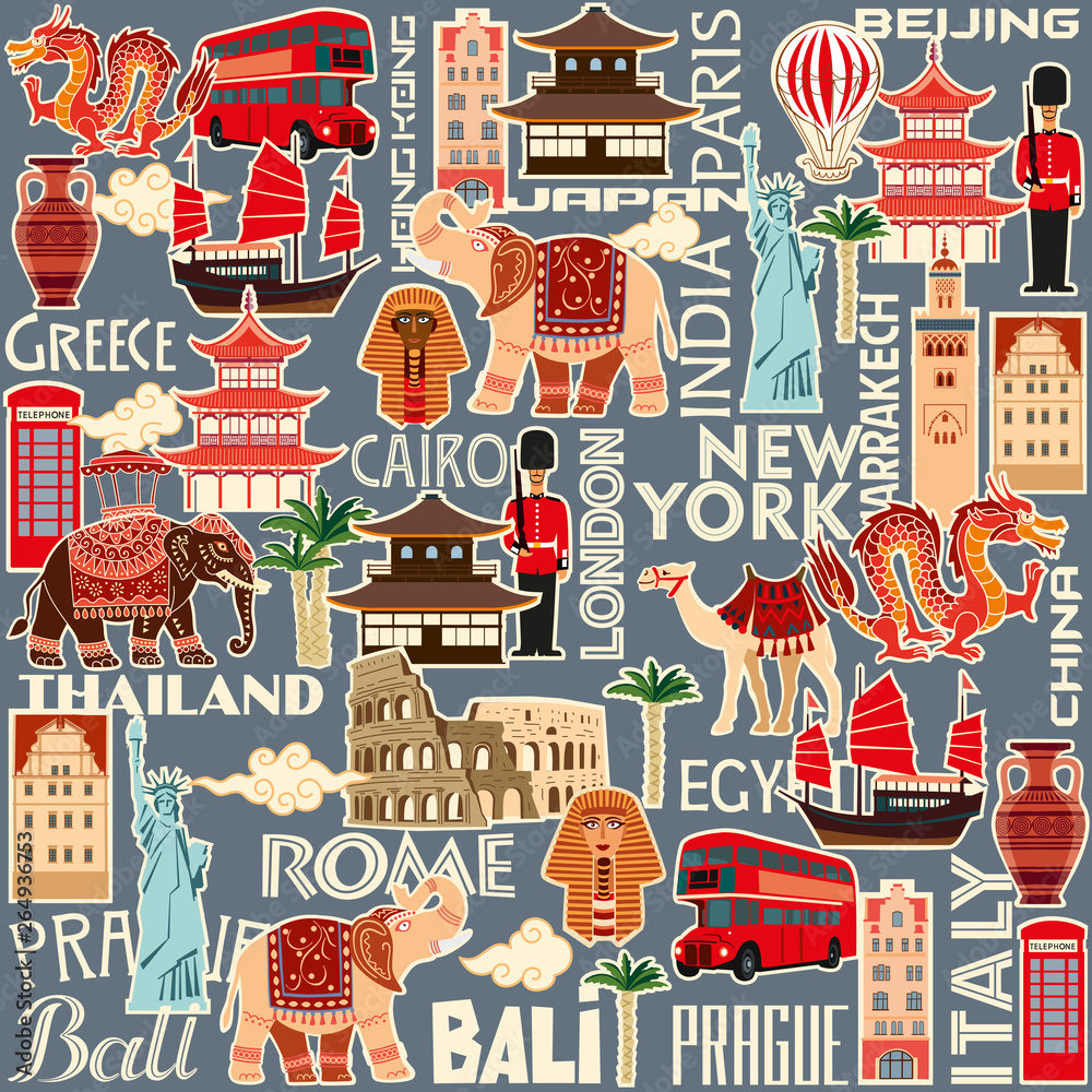 Seamless pattern of tourist attractions and objects of different ...