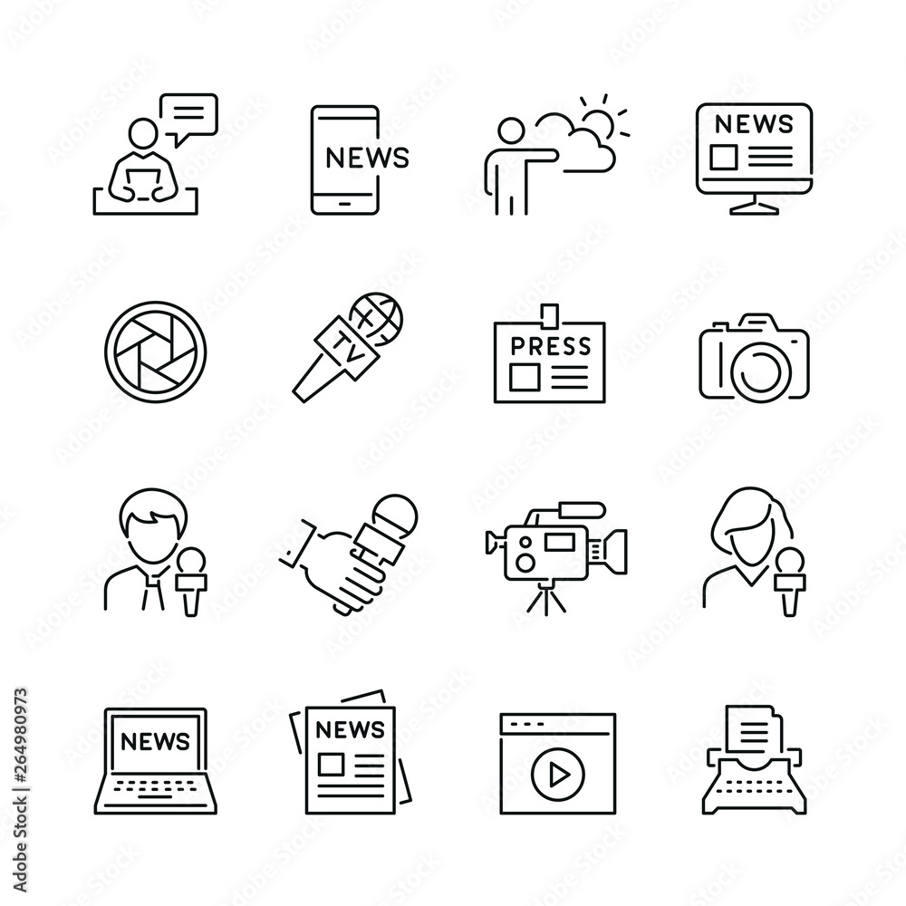 Mass media related icons: thin vector icon set, black and white kit Stock Vector | Adobe Stock
