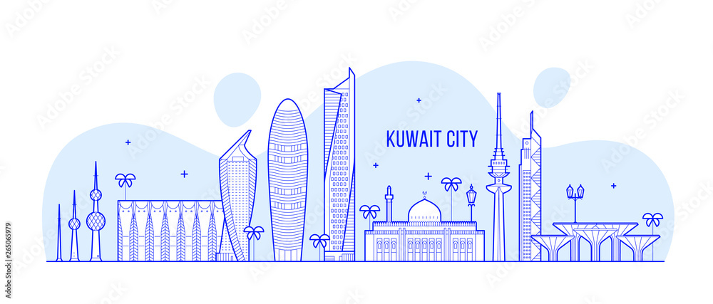 Kuwait city skyline vector linear style buildings Stock Vector | Adobe ...