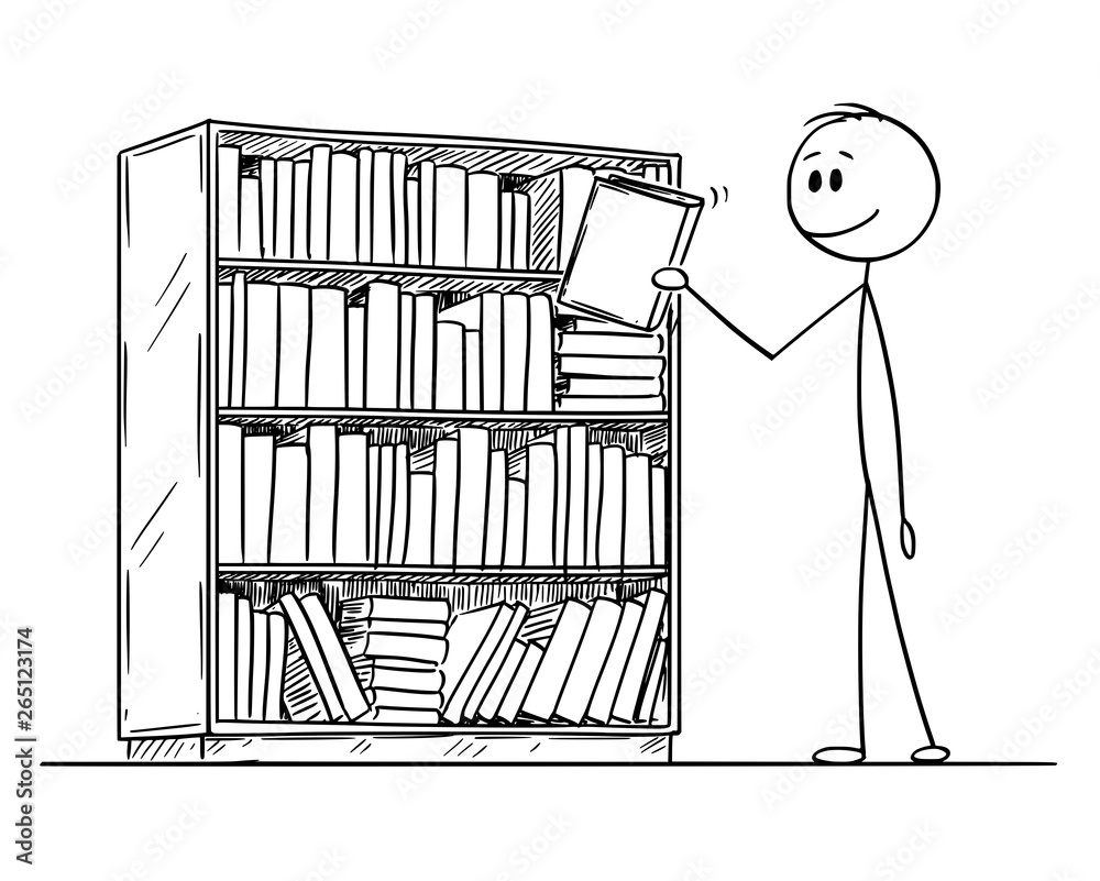 Cartoon stick figure drawing conceptual illustration of man or reader ...