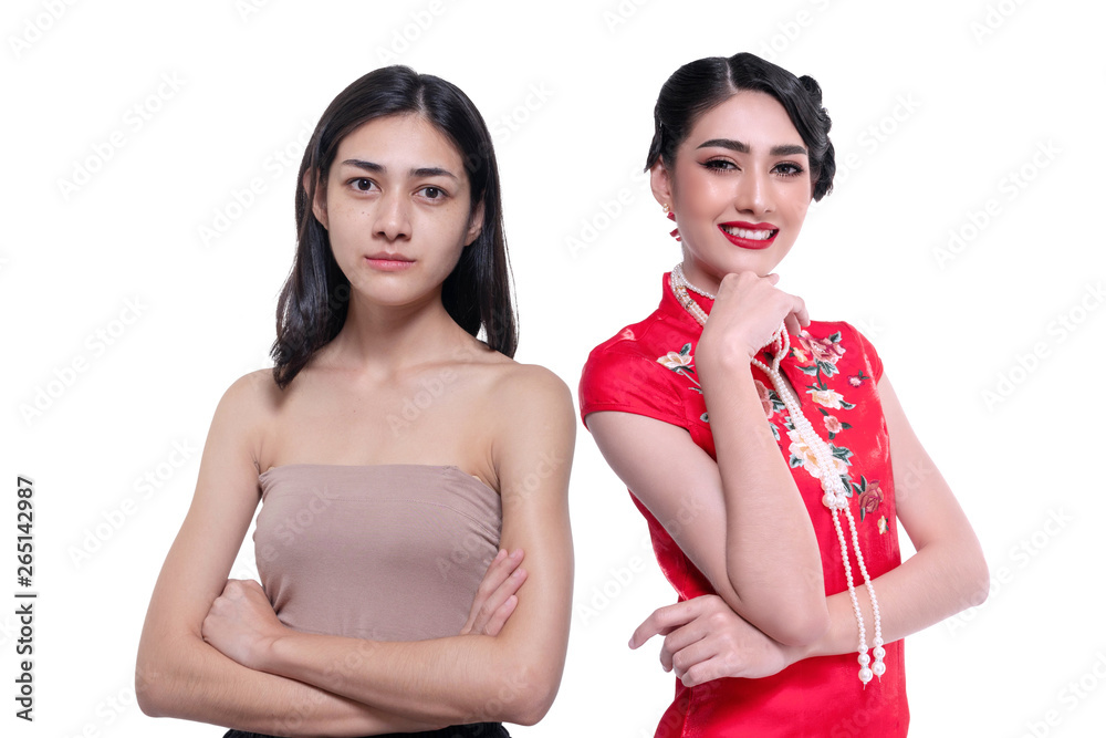 Compare two parts of woman with and without makeup and dress up ...