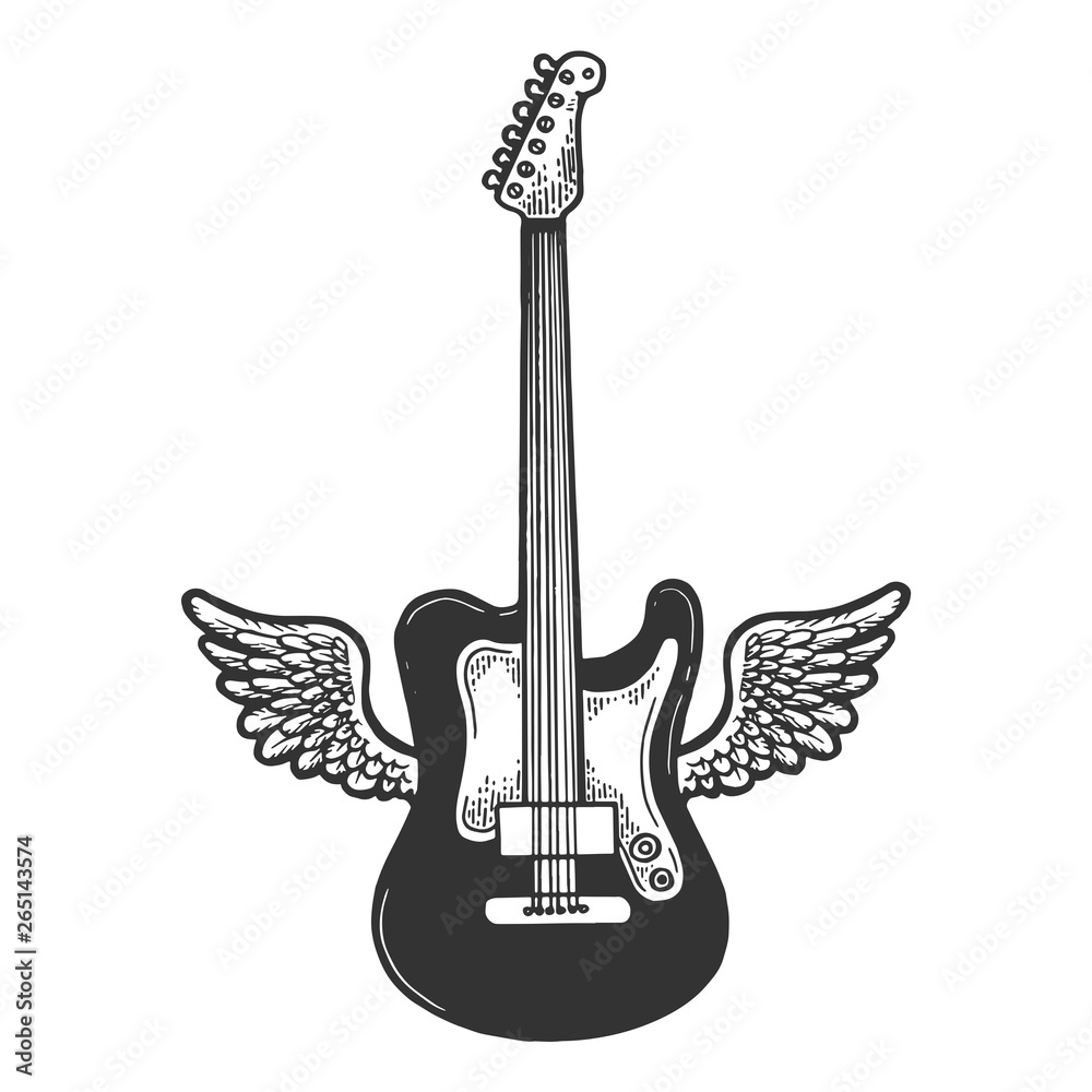 Flying Electric guitar with wings sketch engraving vector illustration ...