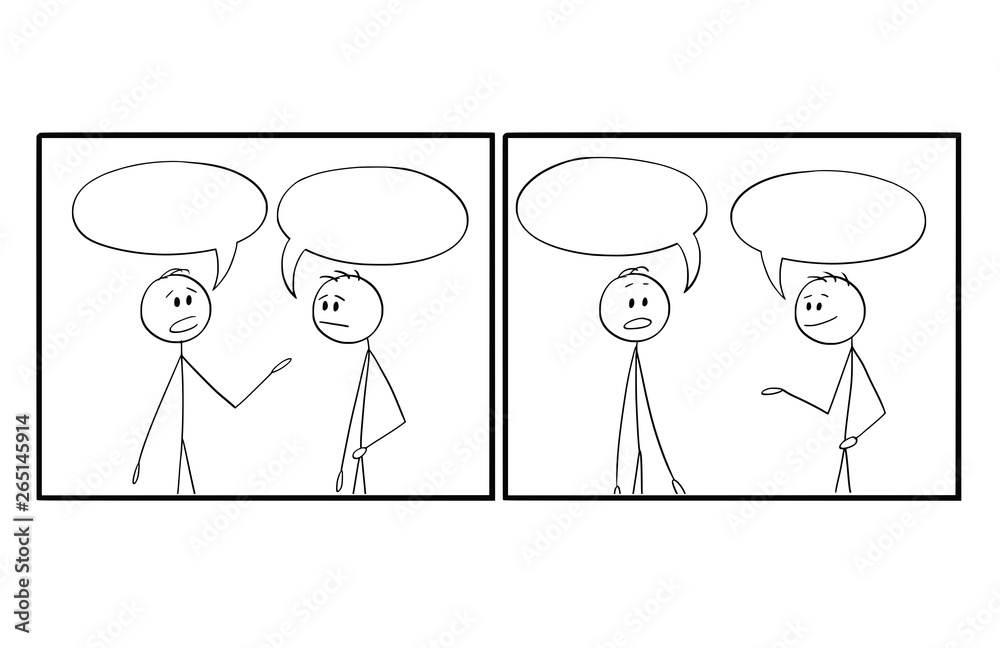 Two cartoon frames of stick figure drawing of two men or businessmen ...