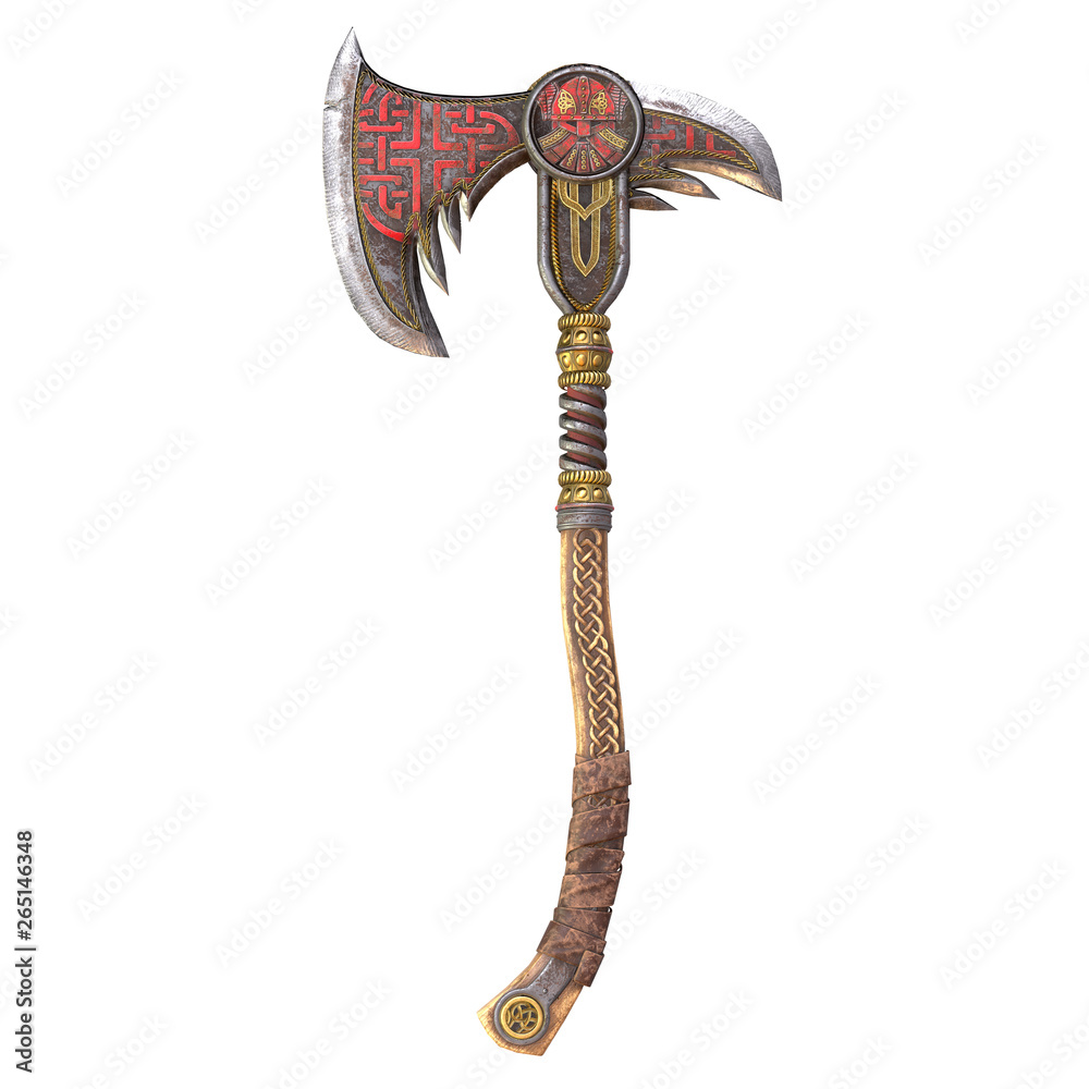 Viking fantasy axe on an isolated white background. 3d illustration ...