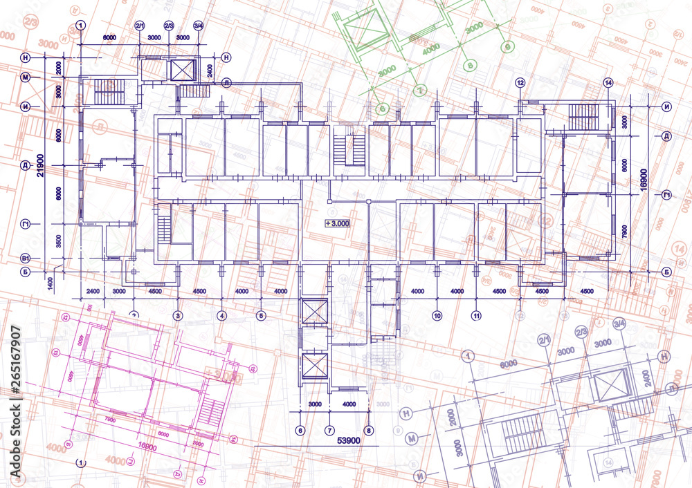 Architectural background with technical drawings. Blueprints plan ...