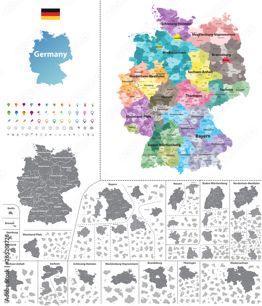 Germany subdivisions vector map colored by states and administrative ...