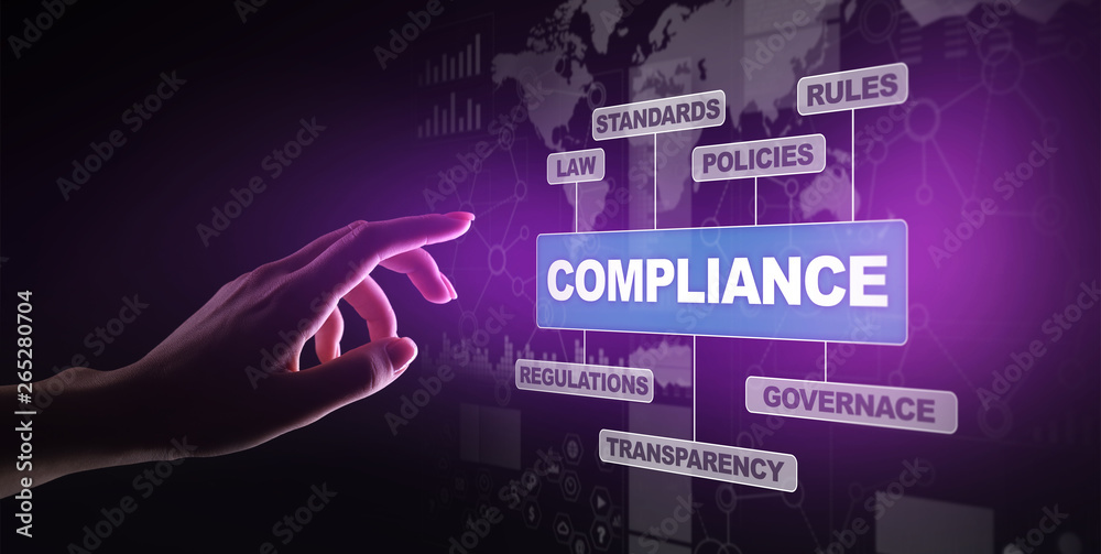 Compliance concept with icons and text. Regulations, law, standards ...
