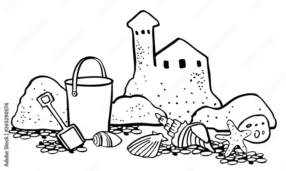 Beach scene. Sand castle with bucket and seashells. Vector outline ...