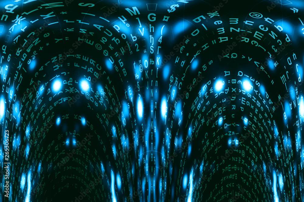 Blue green matrix digital background. Distorted cyberspace concept. Green characters fall down ...