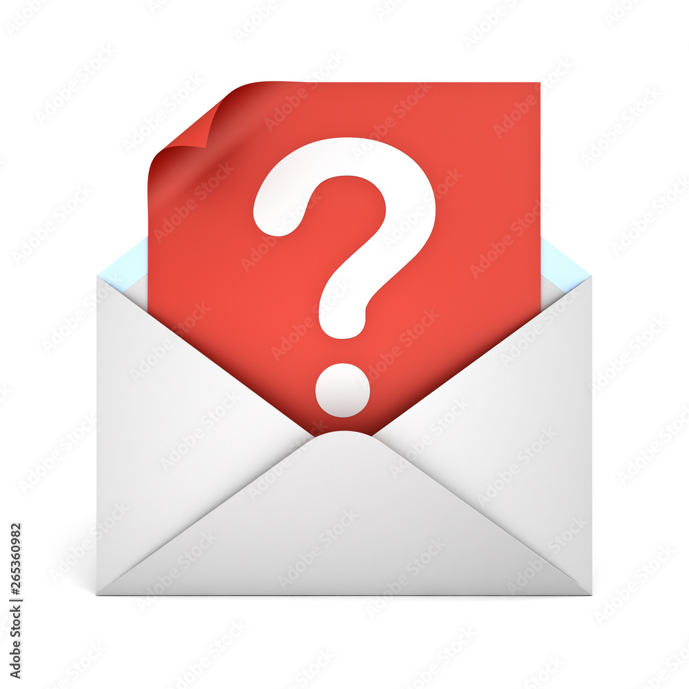 Question mark on red paper in white envelope opening isolated on white ...