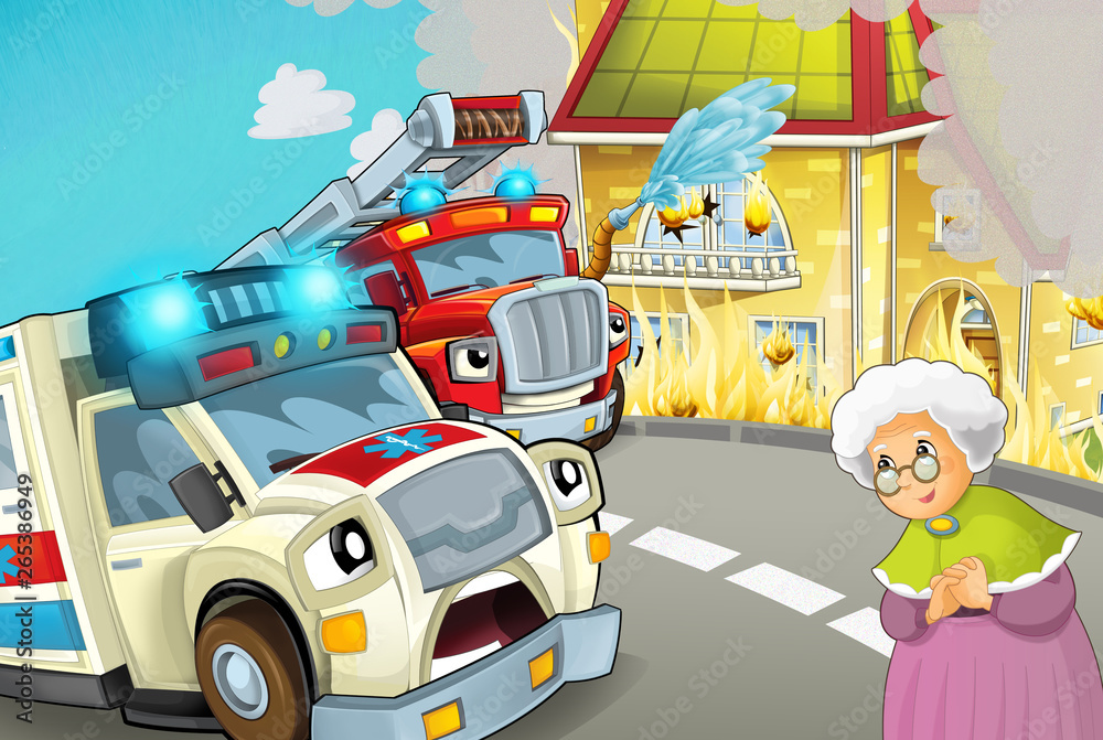 cartoon scene in the city with ambulance driving through the city to ...