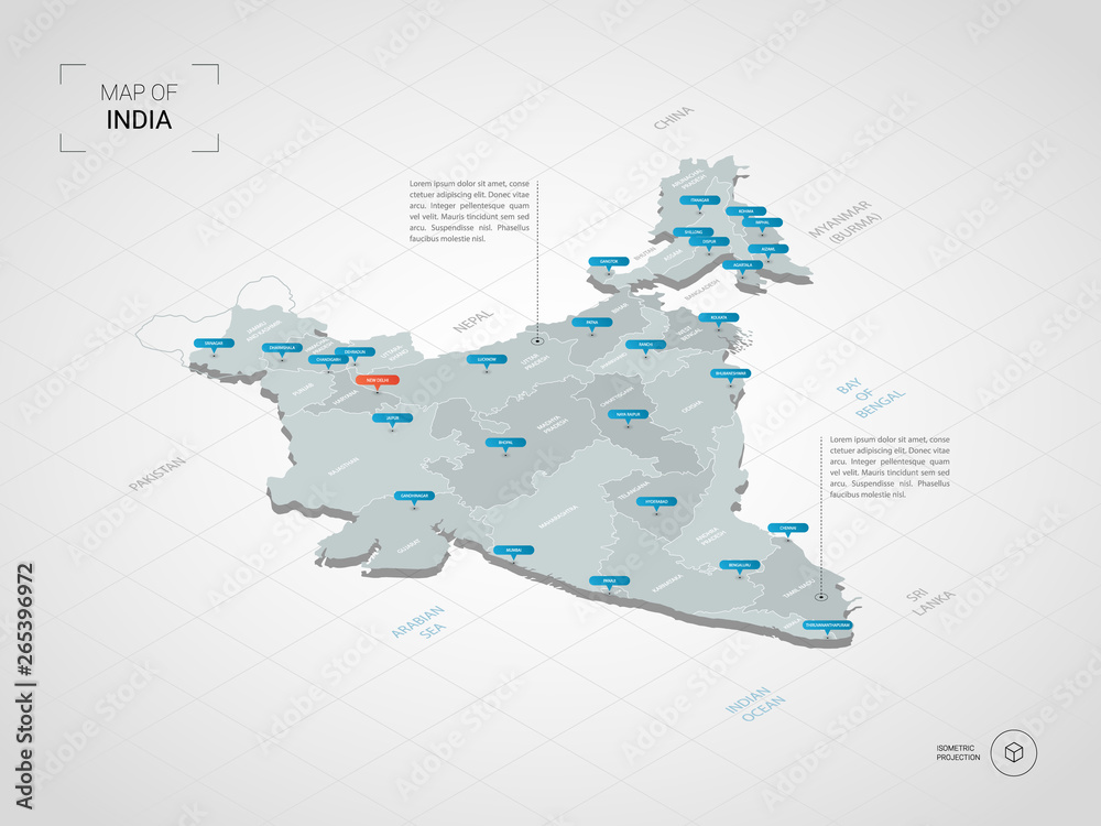 Isometric 3D India map. Stylized vector map illustration with cities ...
