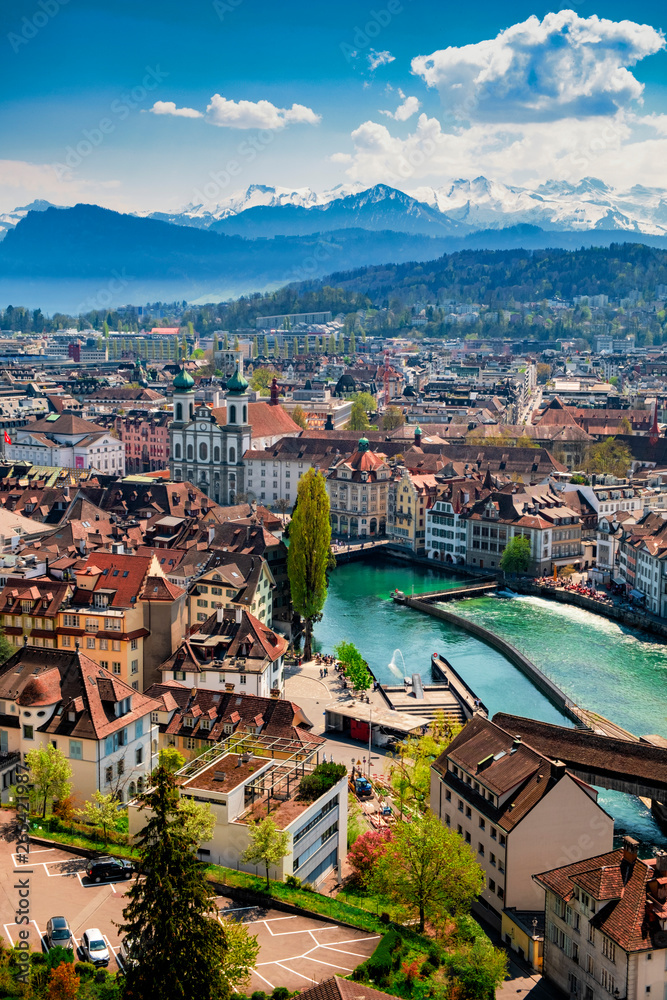 Lake lucerne top view with Museggmauer Stock Photo | Adobe Stock