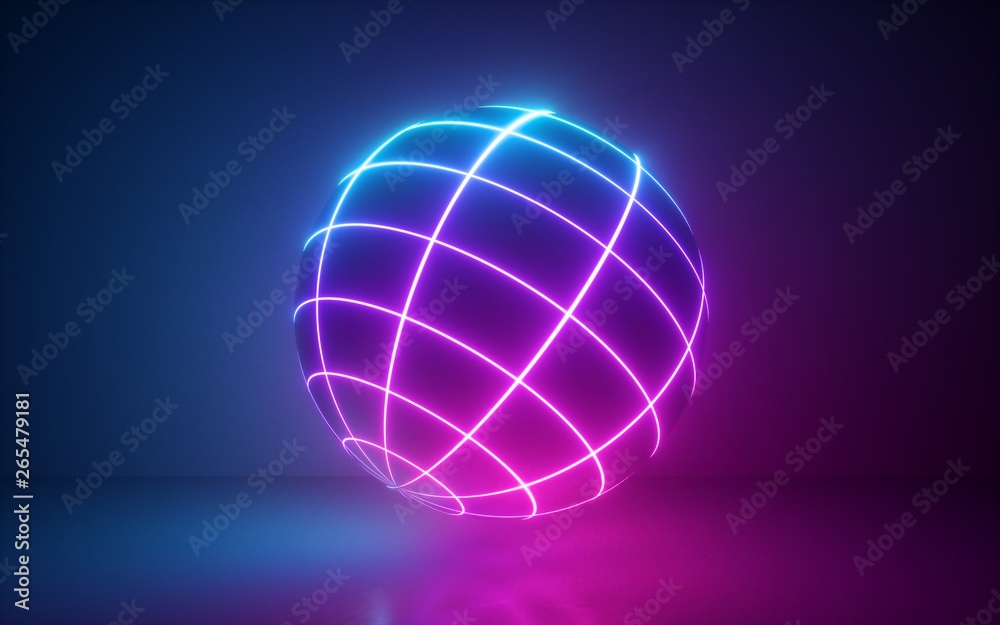 3d render, glowing neon light sphere, globe model, laser show, hypnotic ...