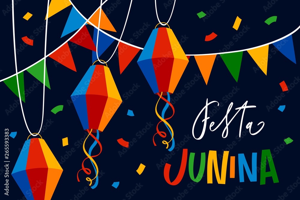 Vetor Festa Junina Illustration with party flags, colorful paper ...