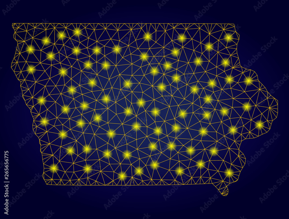 Yellow mesh vector Iowa State map with flare effect on a dark blue ...