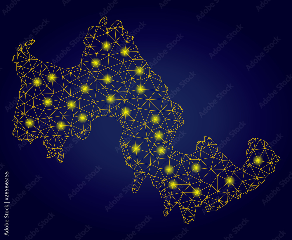 Yellow mesh vector Tilos Greek Island map with flare effect on a dark ...