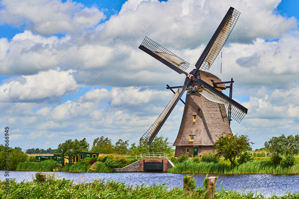 Netherlands rural lanscape with windmills at famous tourist site ...