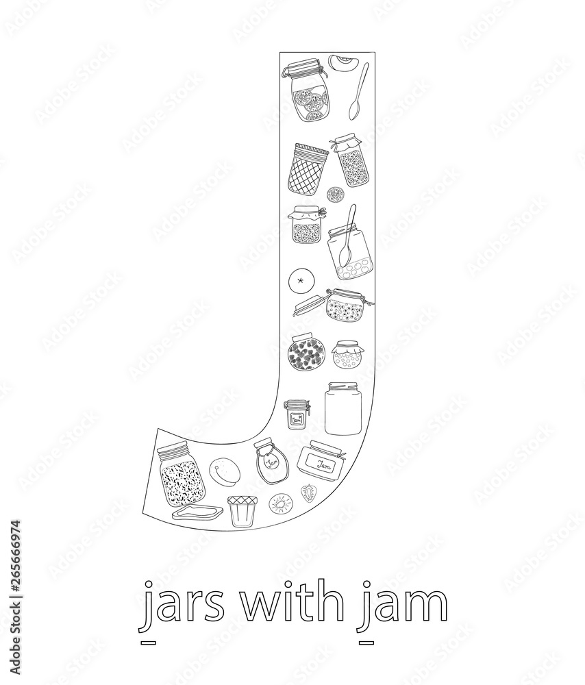Black and white alphabet letter J. Phonics flashcard. Cute letter J for teaching reading with ...