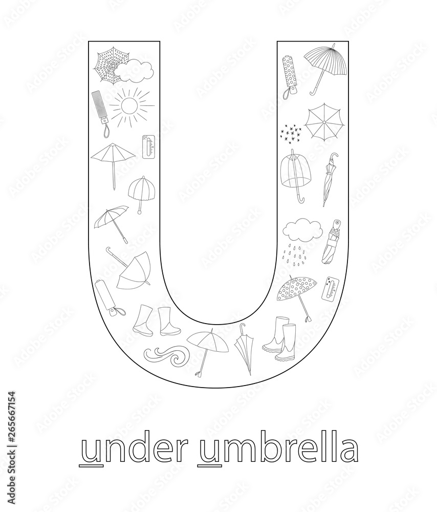 Black and white alphabet letter U. Phonics flashcard. Cute letter U for ...