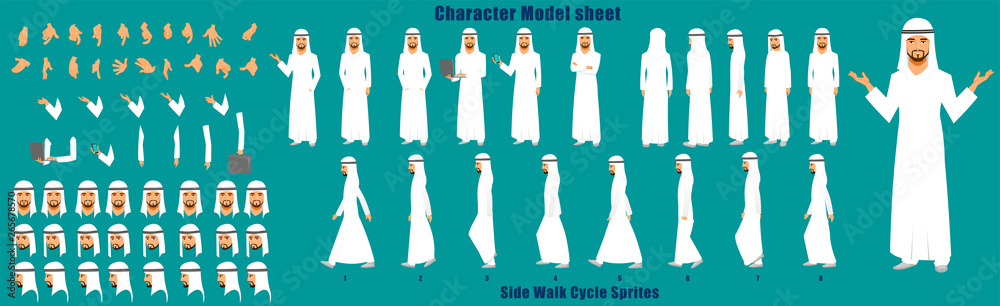 Arab Businessman Character Model sheet with Walk cycle Animation ...