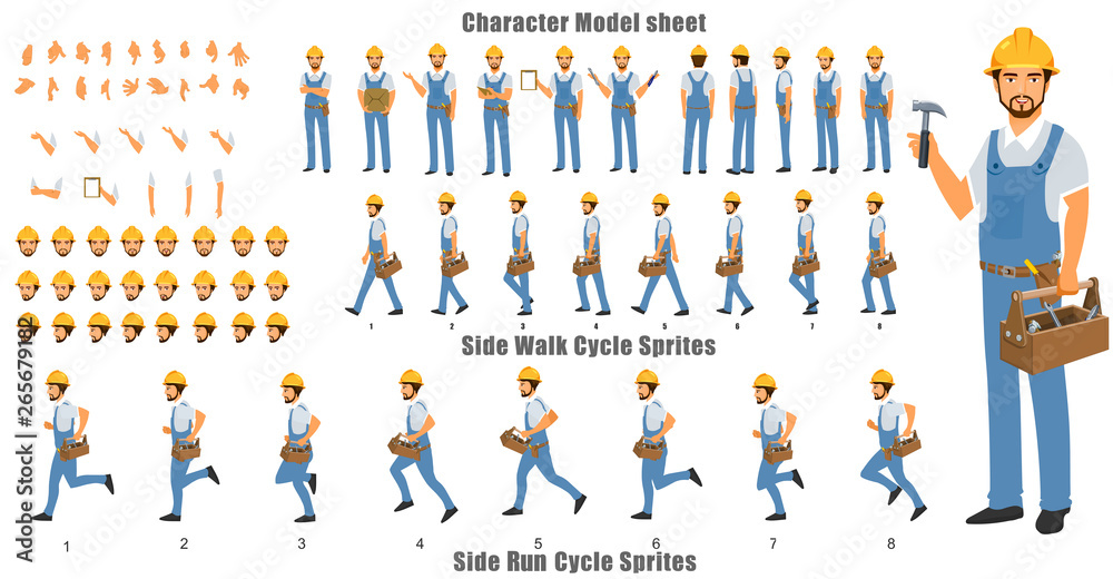 HandymanCharacter Model sheet with Walk cycle and Run cycle Animation ...