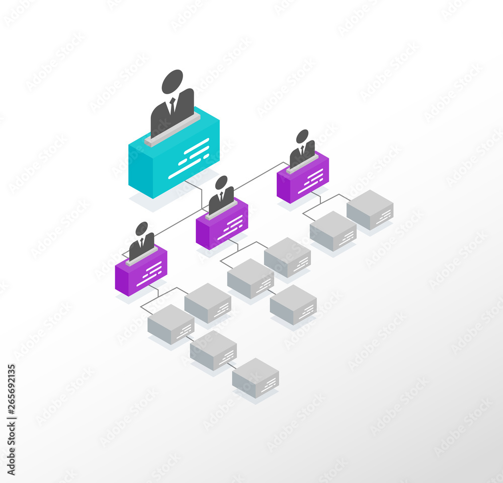 Isometric organization chart template with colorful 3D cubes and place ...