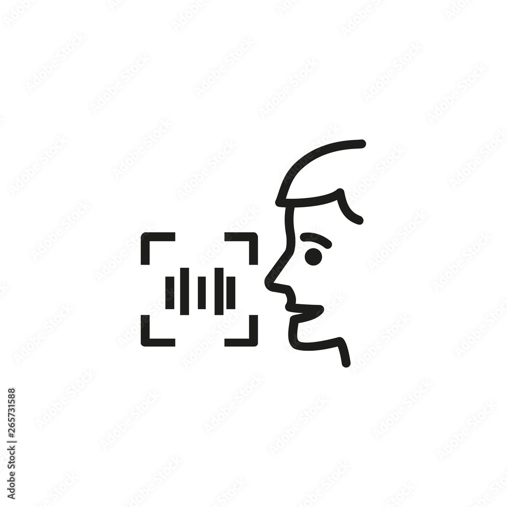 Voice recognition line icon. Male side view, man speaking, sound wave ...