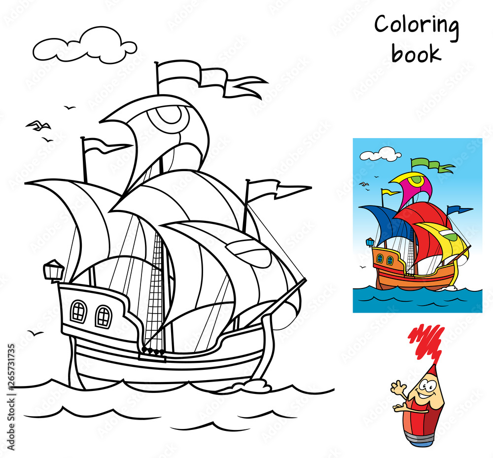 Sailing ship. Coloring book. Cartoon vector illustration Stock Vector ...