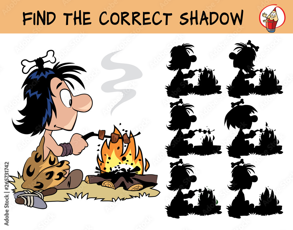 Primitive man cooking food on a fire. Find the correct shadow ...