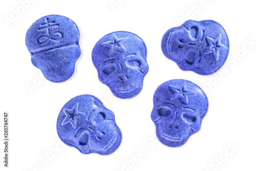 Blue MDMA, Amphetamine, Army Skull, Ecstasy, XTC pills isolated on a ...