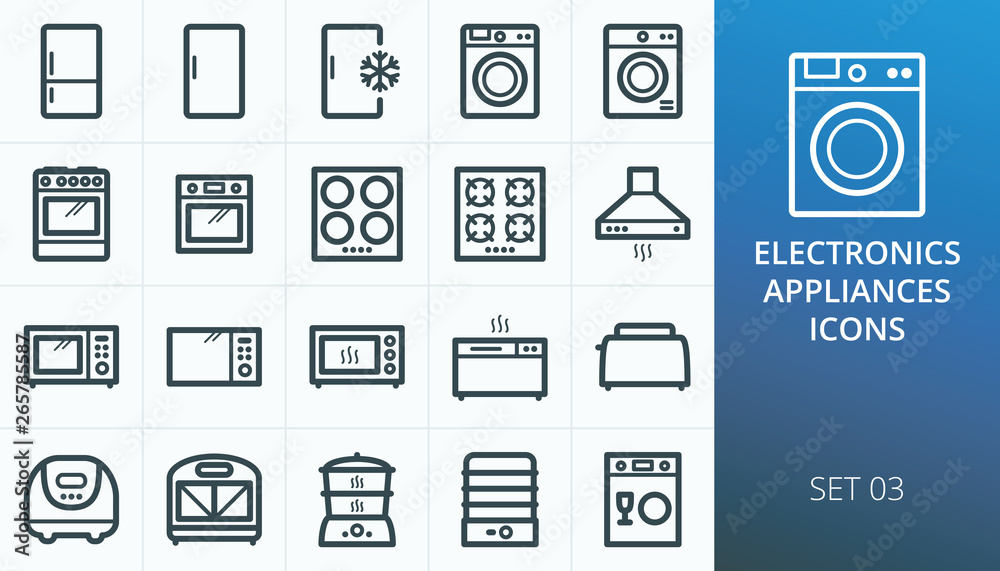 Household appliances and electronics icons set. Set of refrigerator ...