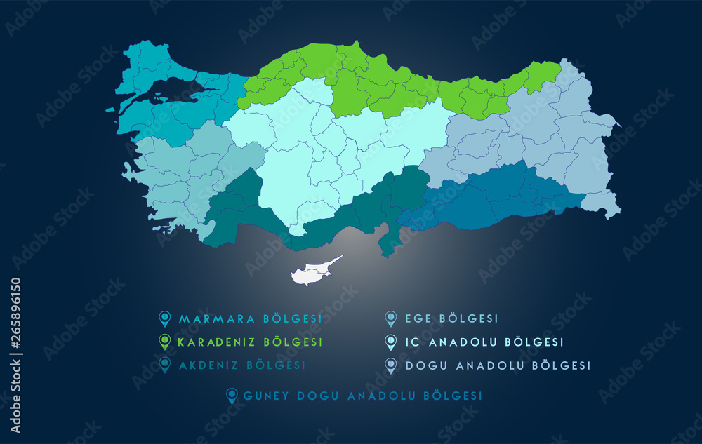 Map showing the regions of Turkey Stock Vector | Adobe Stock