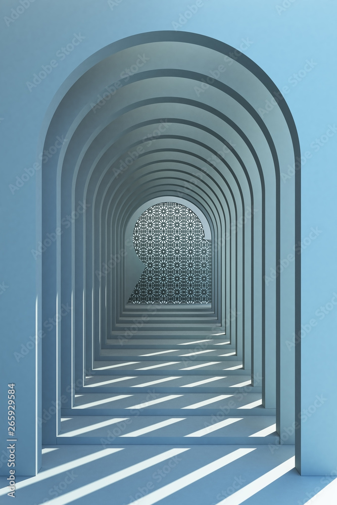 Minimalistic,blue arch hallway architectural corridor with empty wall ...