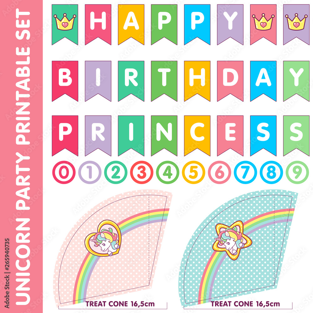 Unicorn printable birthday set, treat cone pattern, happy birthday ...