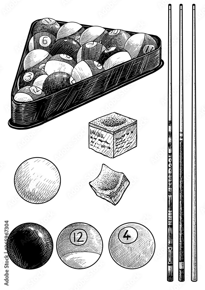 Billiard ball, cue, chalk illustration, drawing, engraving, ink, line ...