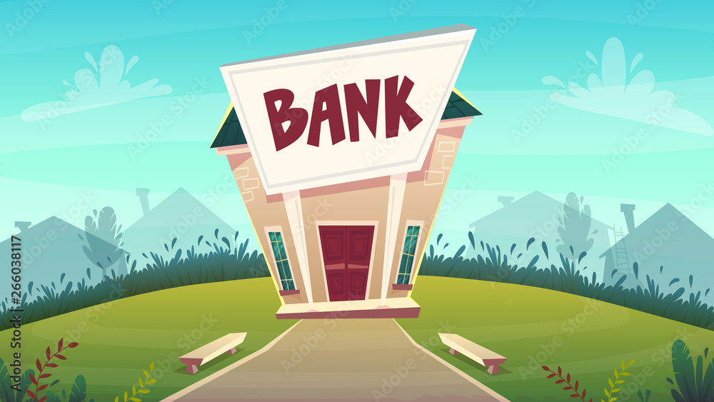 cartoon bank branch at city street illustration . happy financial ...