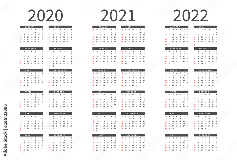 Mockup Simple calendar Layout for 2020, 2021 and 2022 years. Week ...