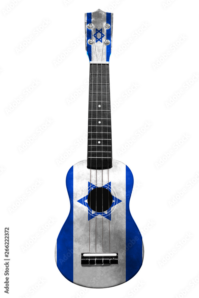Hawaiian national guitar, ukulele, with a painted Israel flag, on a ...