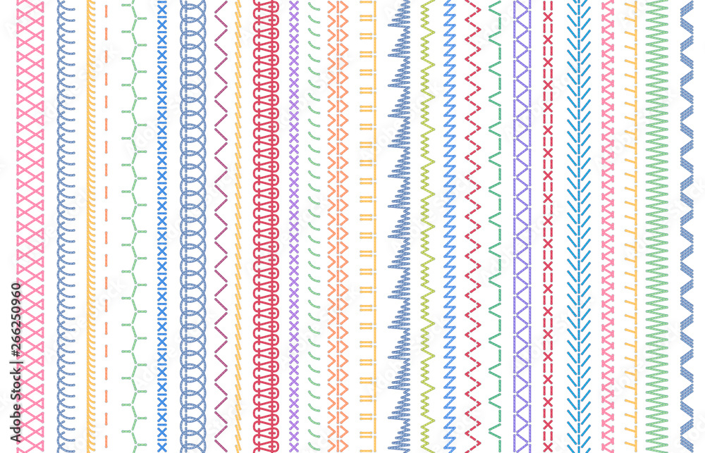 Sewing seams patterns. Embroidery craft sew pattern, fashion seam brush ...