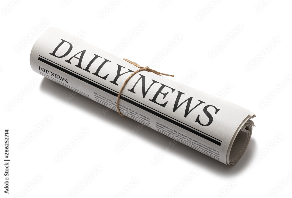 Rolled Business Newspaper with the headline News isolated on white background, Daily Newspaper ...