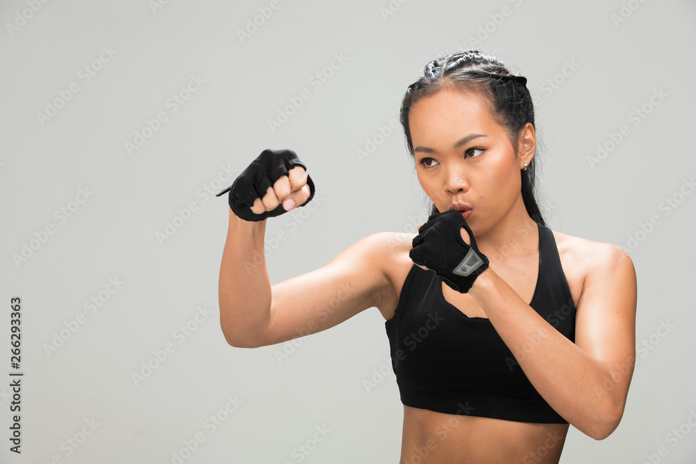 Asian Tan Skin Fitness woman exercise punch air wear Boxing Gloves ...