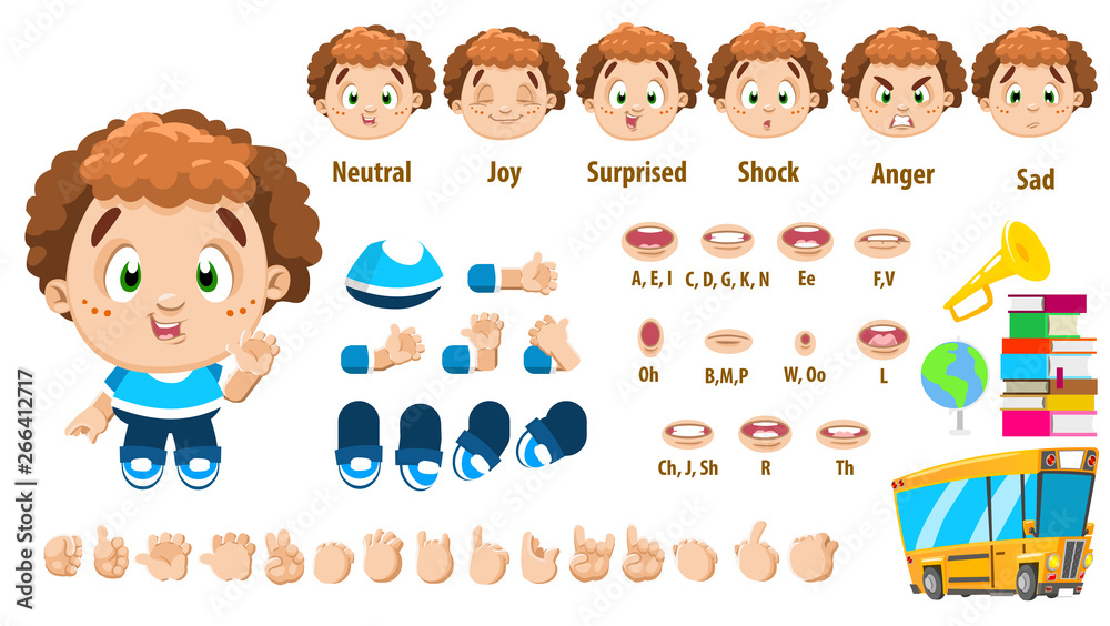 Cartoon curly boy constructor for animation. Parts of body, set of ...