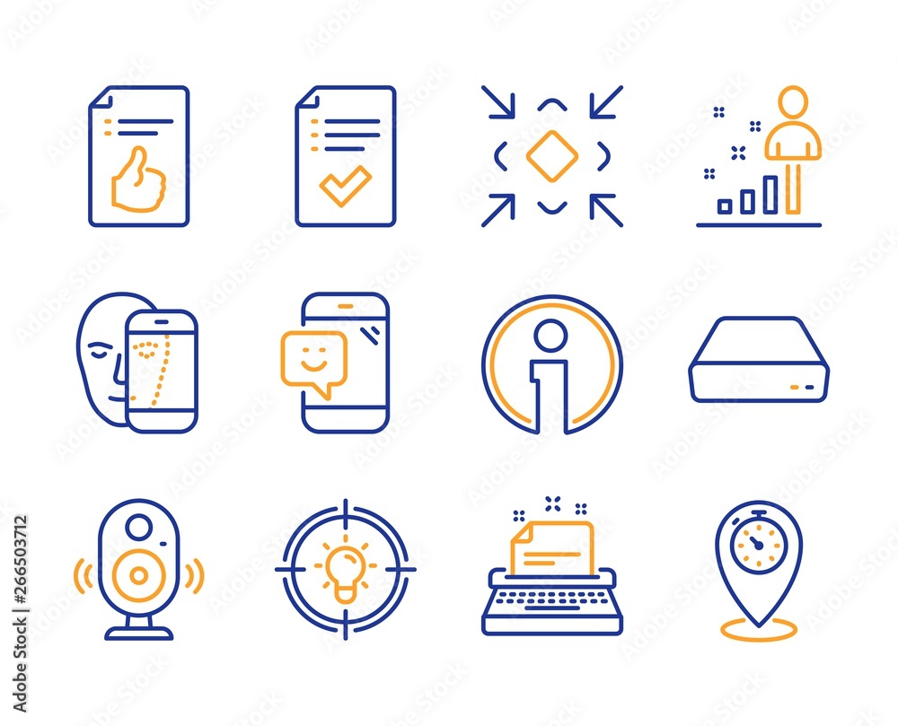 Approved document, Face biometrics and Smile icons simple set. Speaker, Mini pc and Stats signs ...